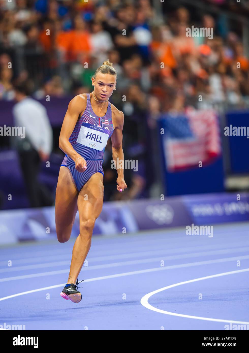 Anna Hall participating in the 200 meters at the Paris 2024 Olympic ...