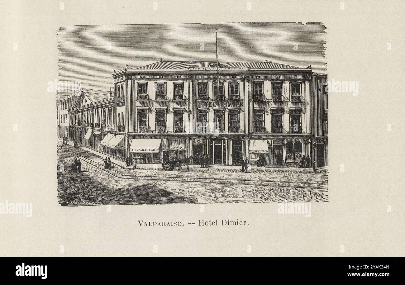 Valparaiso of the 19th century. Vintage illustration of Hotel Dimier ...