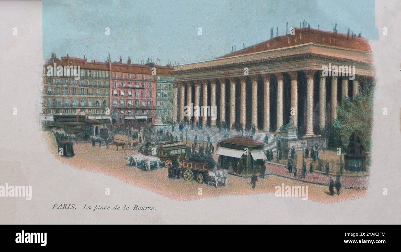 Vintage illustration the Place de la Bourse (Stock Exchange Square). Paris, France. 1900 Stock ...