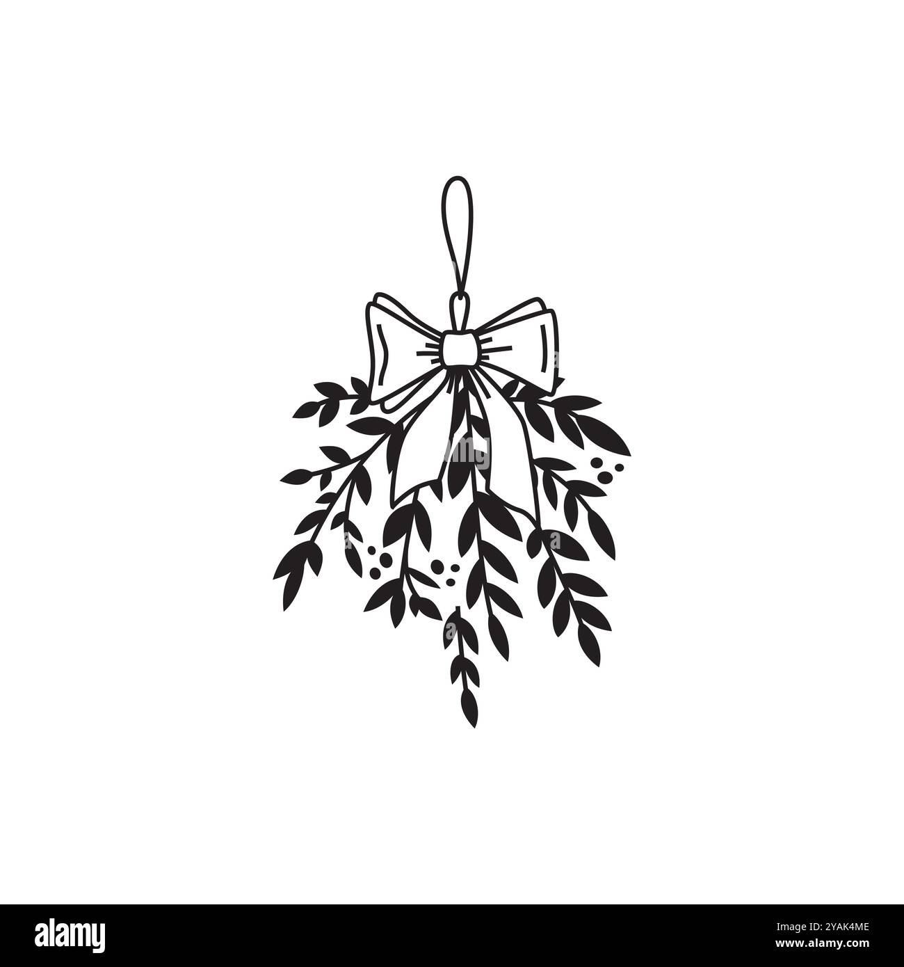 Christmas set with mistletoe and bow in sketch style. Hand drawn ...