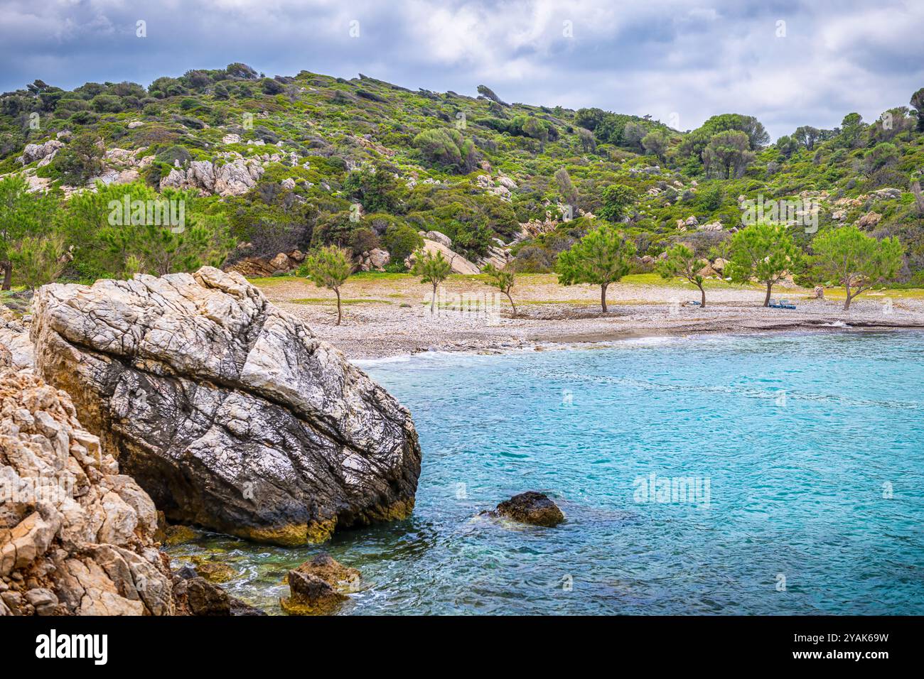Iero beach, Ikaria island Greece cove with Ikarian sea waves washing on ...