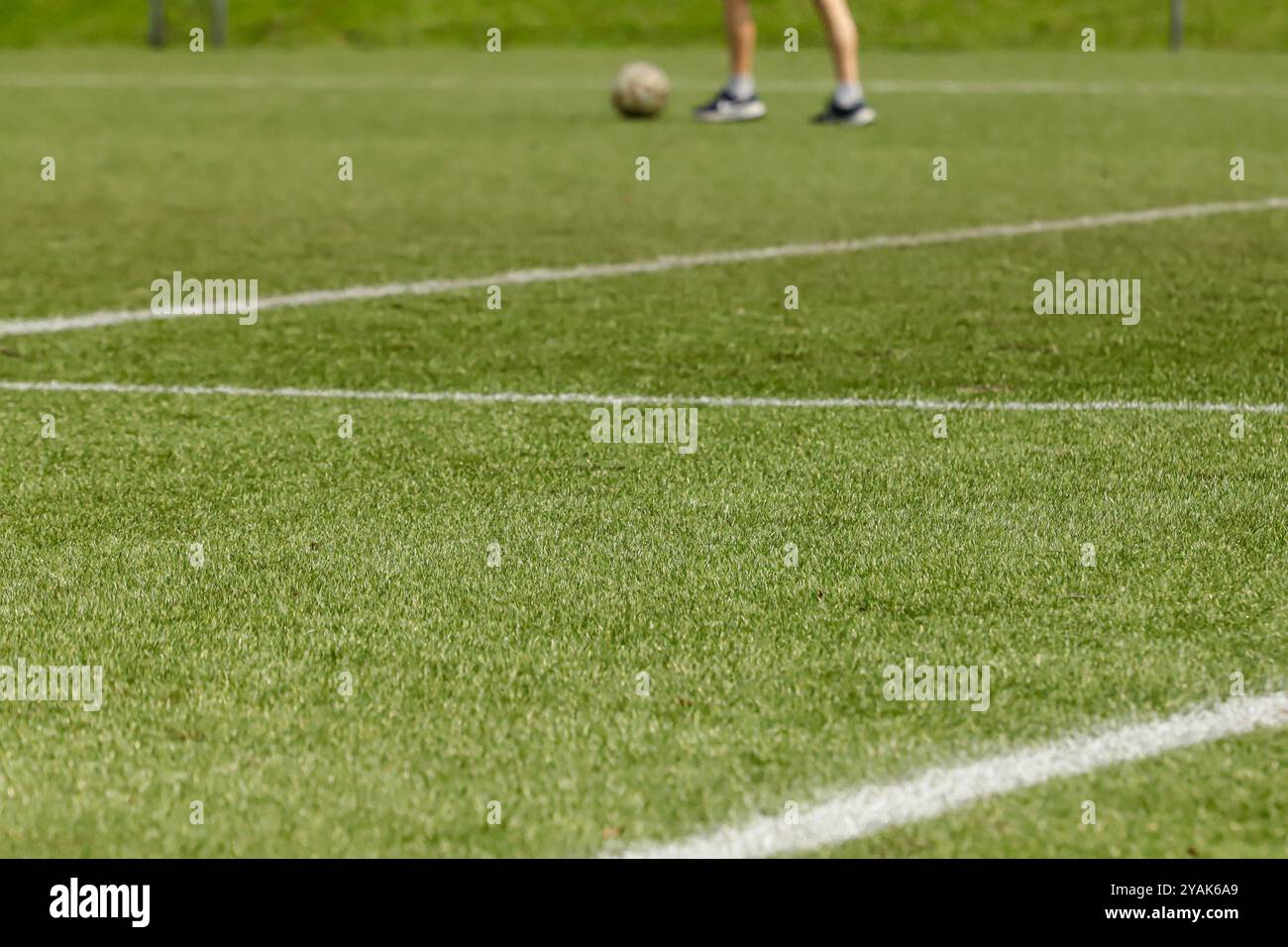 Football pitch with synthetic grass, with white lines on the lower two ...