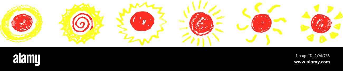 Set of fun like kid drawing yellow sun. Collection painted with pastel ...
