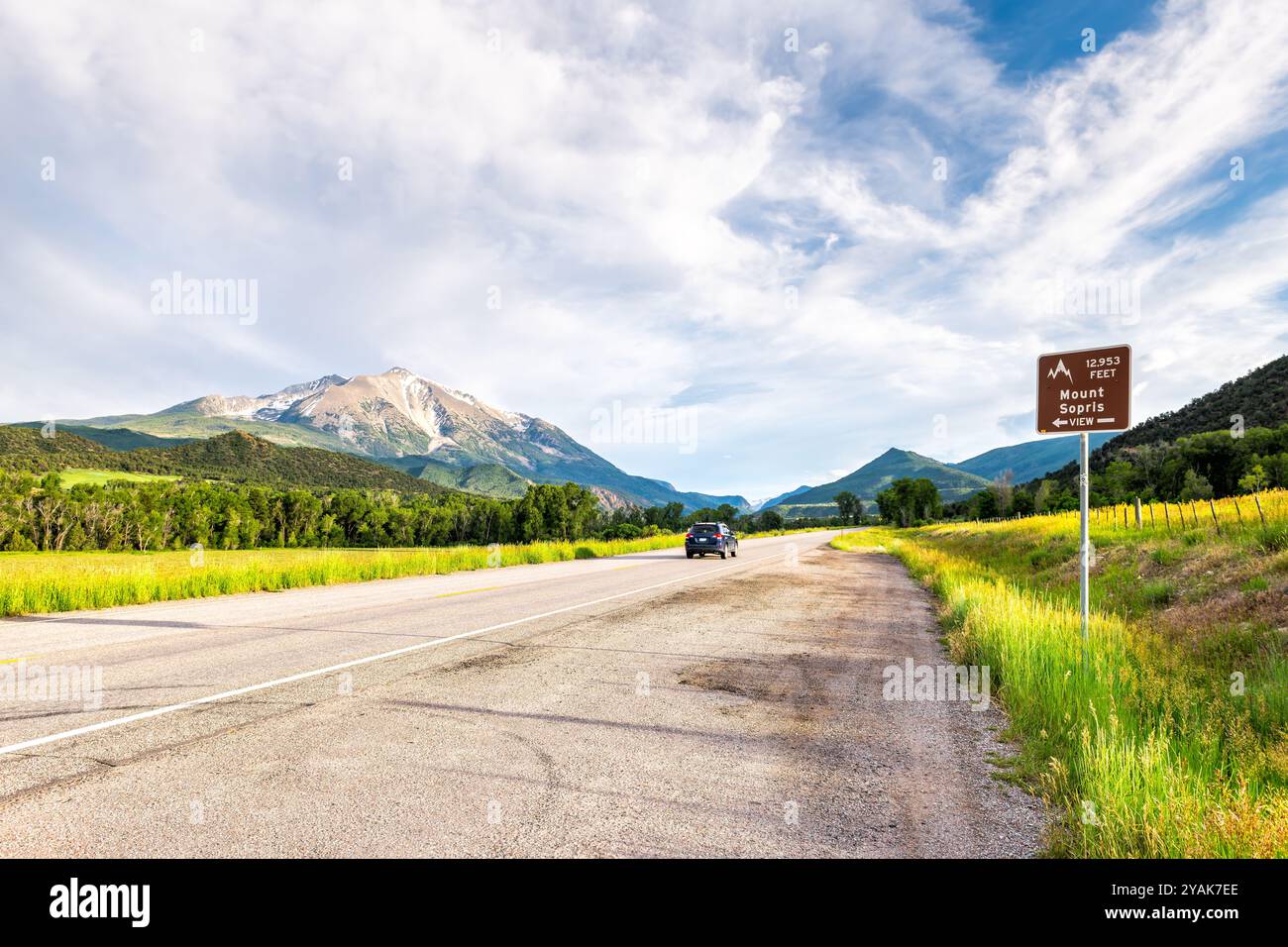 Mount Sopris mountain peak road highway sign in Carbondale, Colorado ...