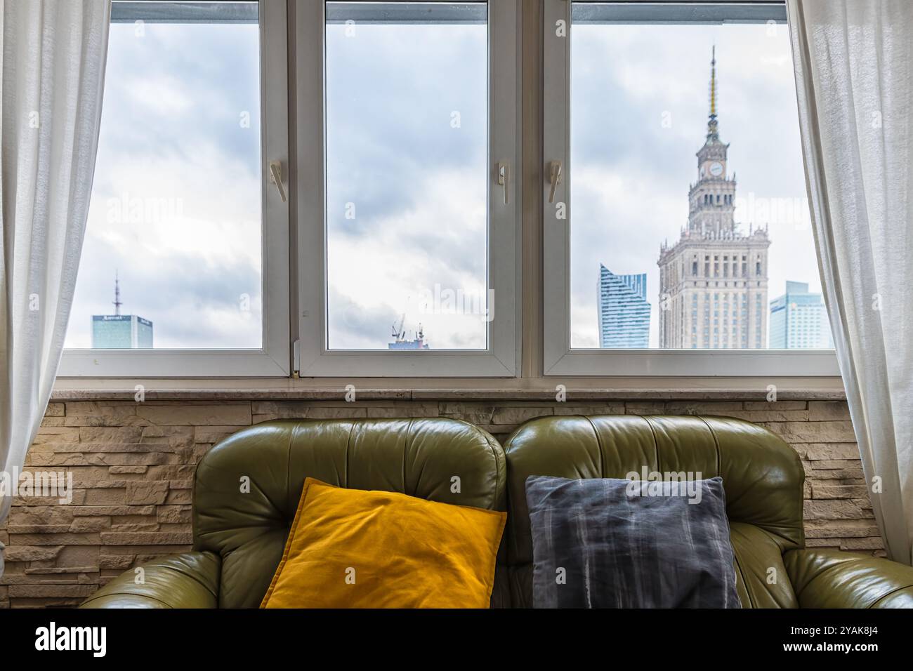 Warsaw, Poland apartment view through window on Palace of culture and ...