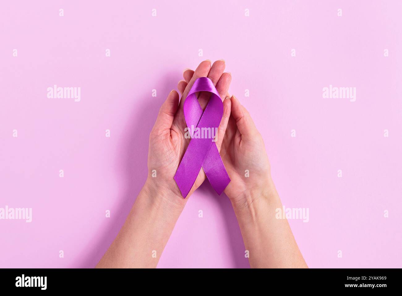 Purple cancer ribbon in womens hands on pink background Stock Photo - Alamy