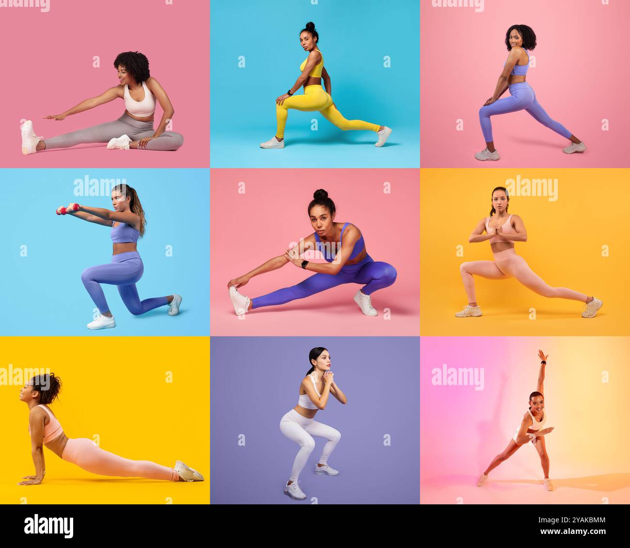 Women of diverse backgrounds enjoying fitness activities in vibrant ...