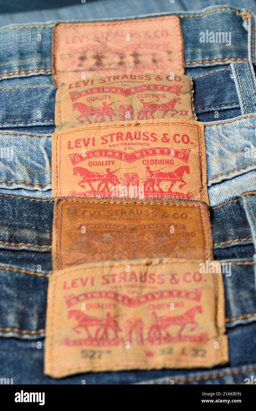 Levi Strauss original jeans various models leather labels close up ...