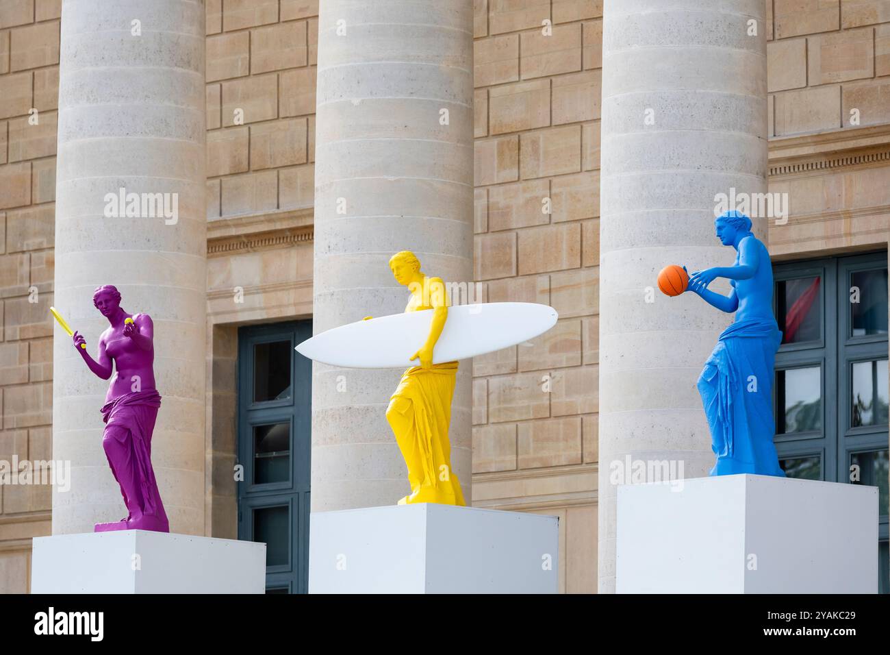 3 statues outside the National Assembly in Paris, France. The works are ...