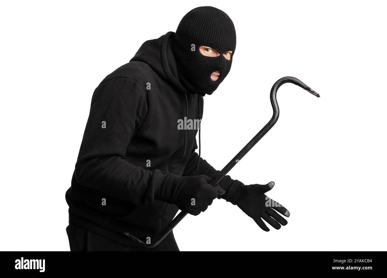Portrait of masked thief with crowbar isolated over white wall Stock ...