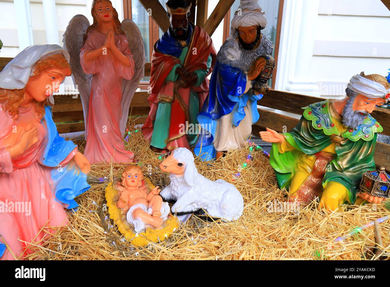 Nativity of Jesus Christ, nativity scene near the church. Virgin Mary ...