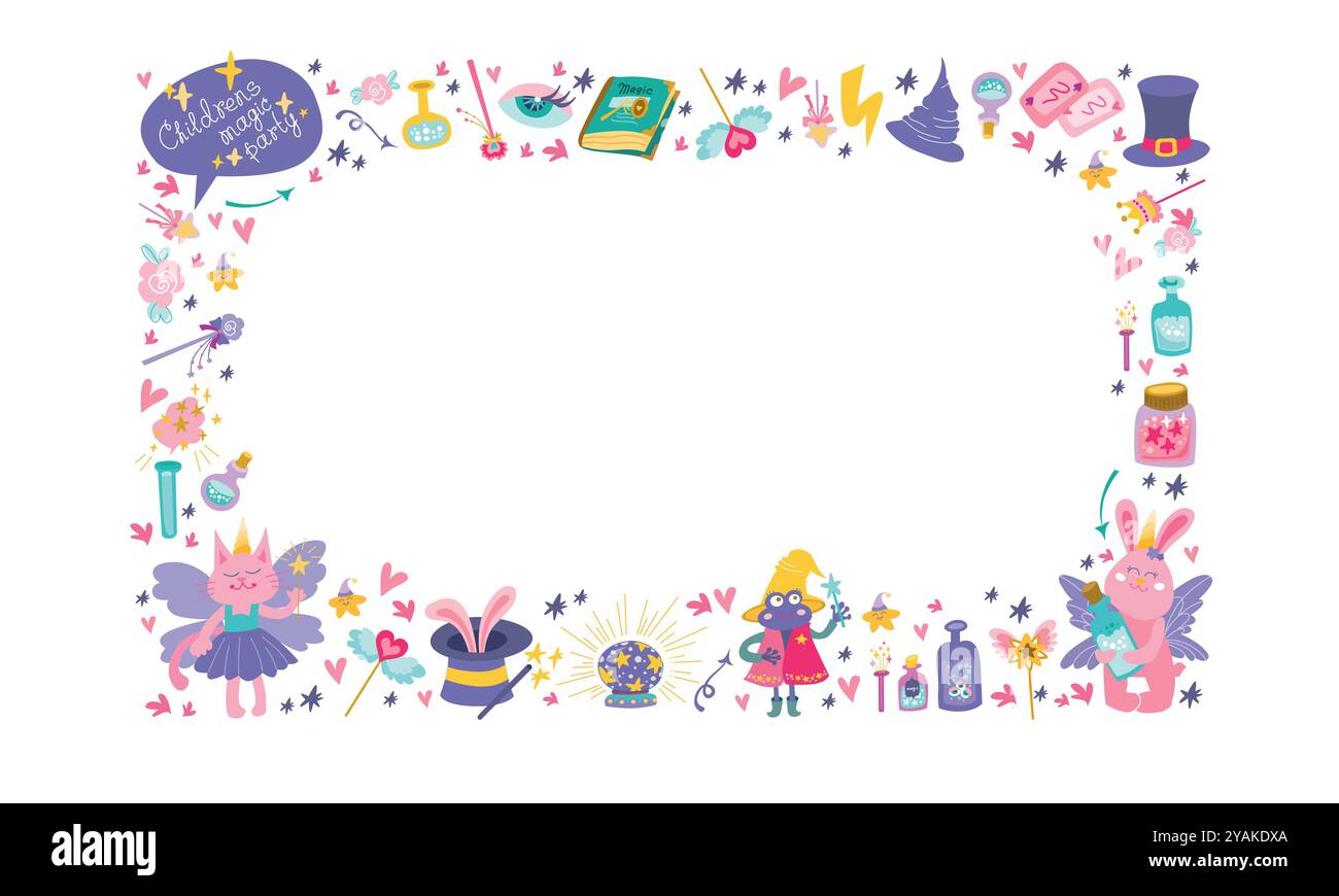 Magic party frame horizontal banner on white background. Frame with ...