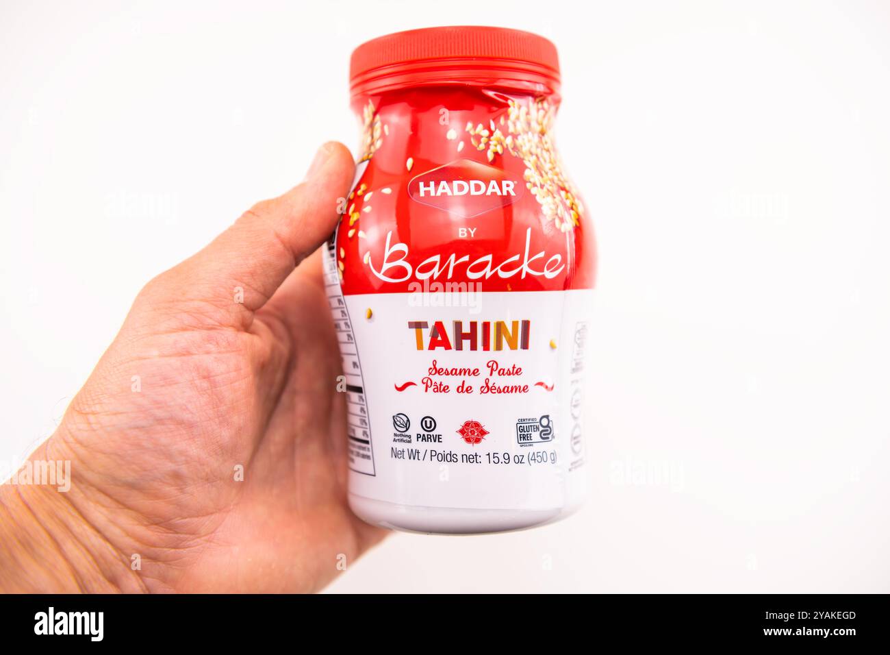 Avon, USA - August 4, 2022: Tahini Haddar sesame seed butter in plastic ...