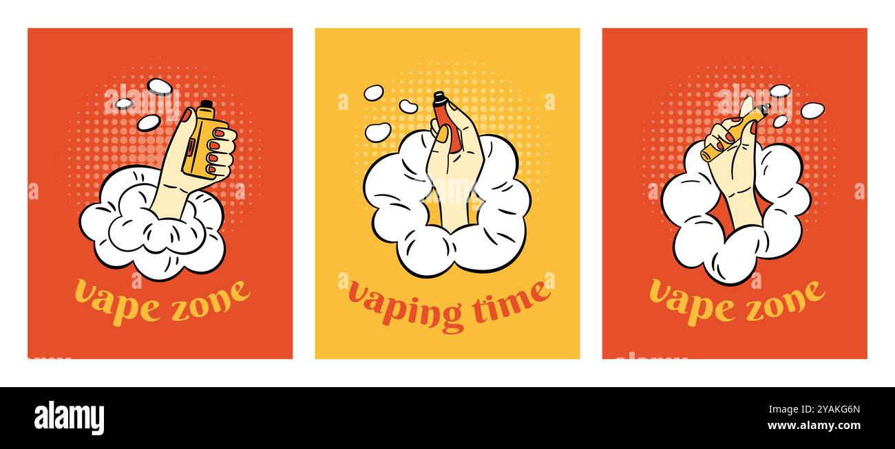 Smoking electronic cigarettes. Vape posters in comics style. Cartoon ...