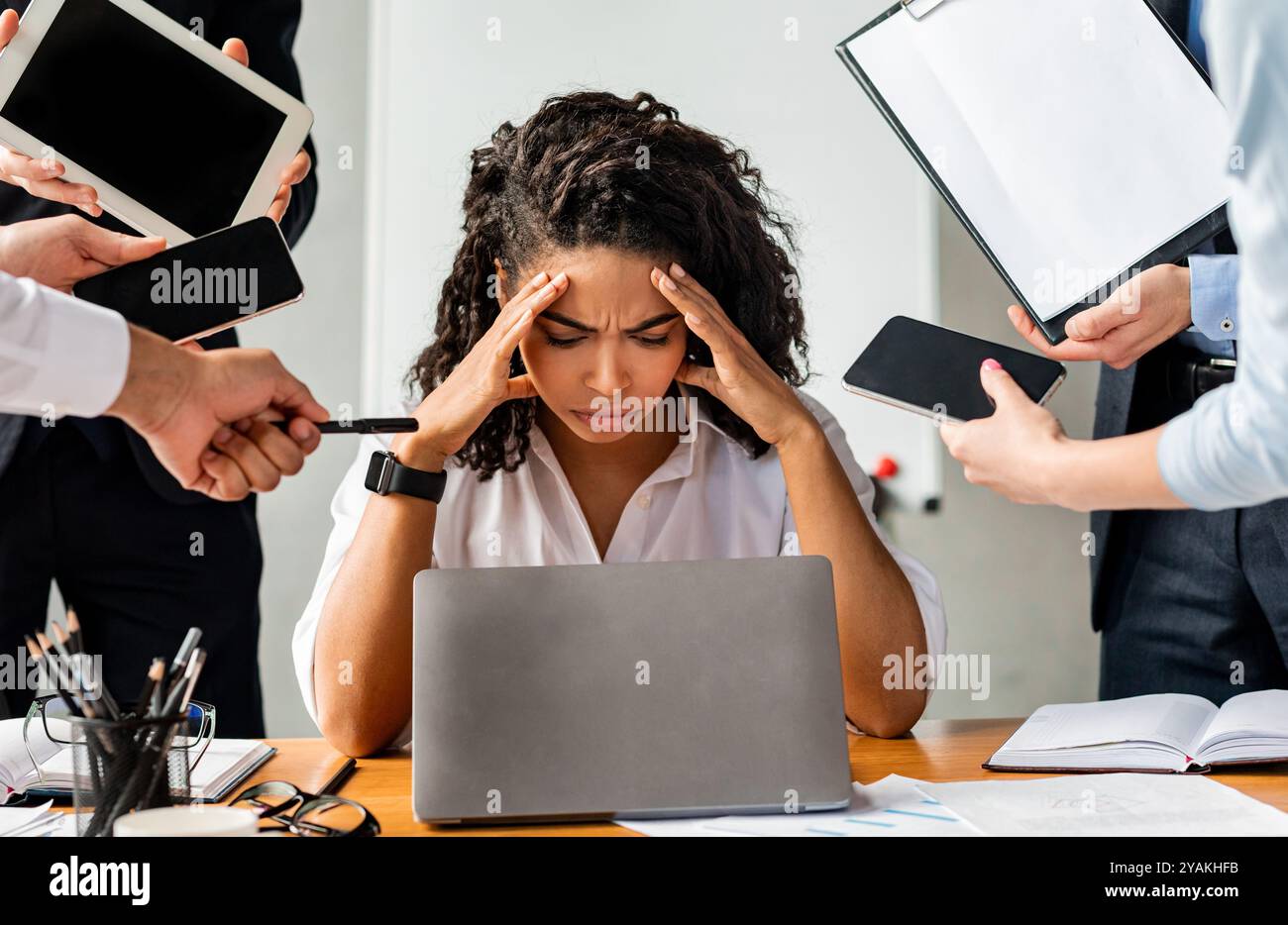 Overworked Business Lady Sitting Stressed In Modern Office Stock Photo ...
