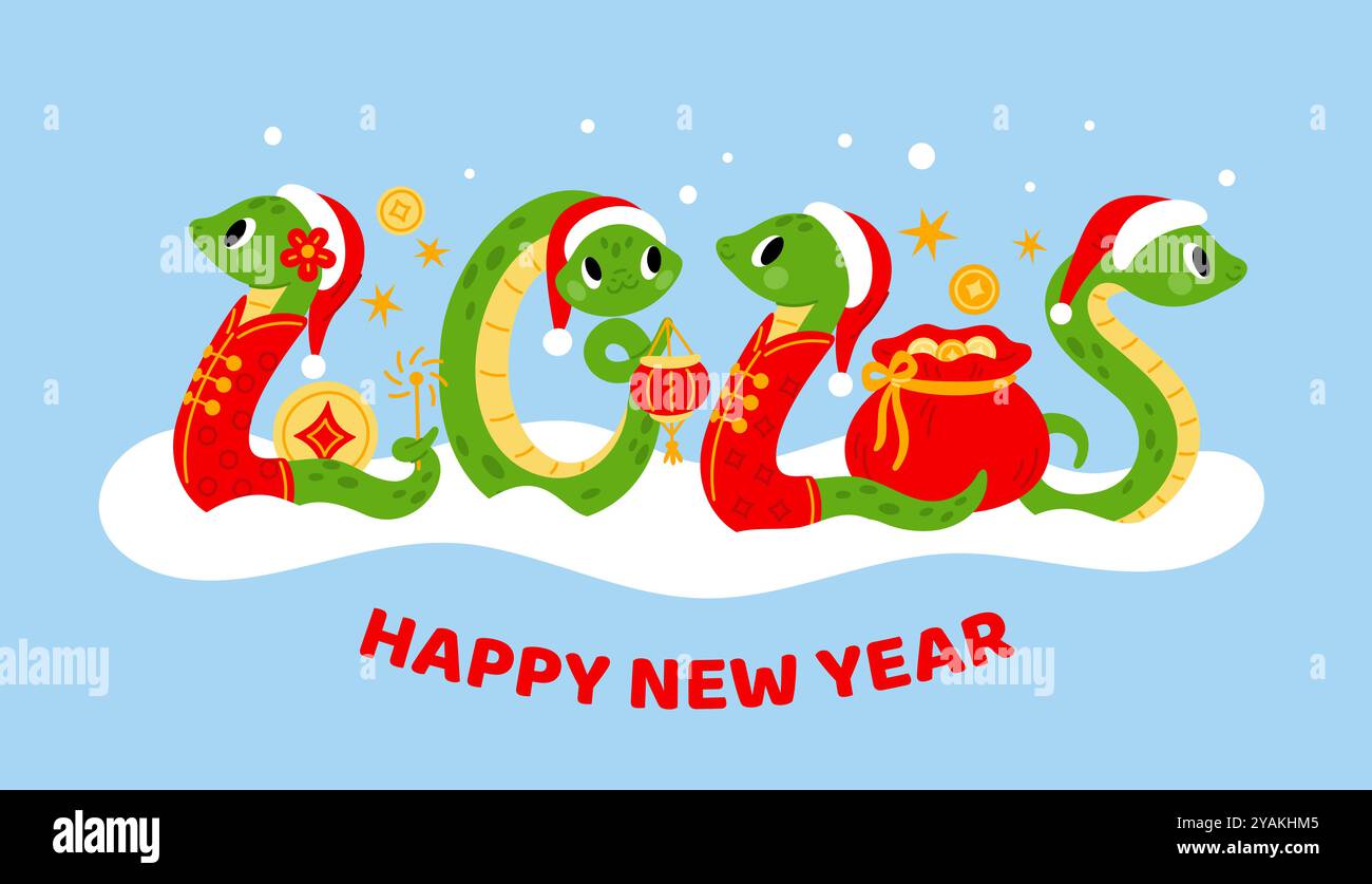 Cute snake poster. 2025 New Year. Chinese zodiac cartoon characters ...