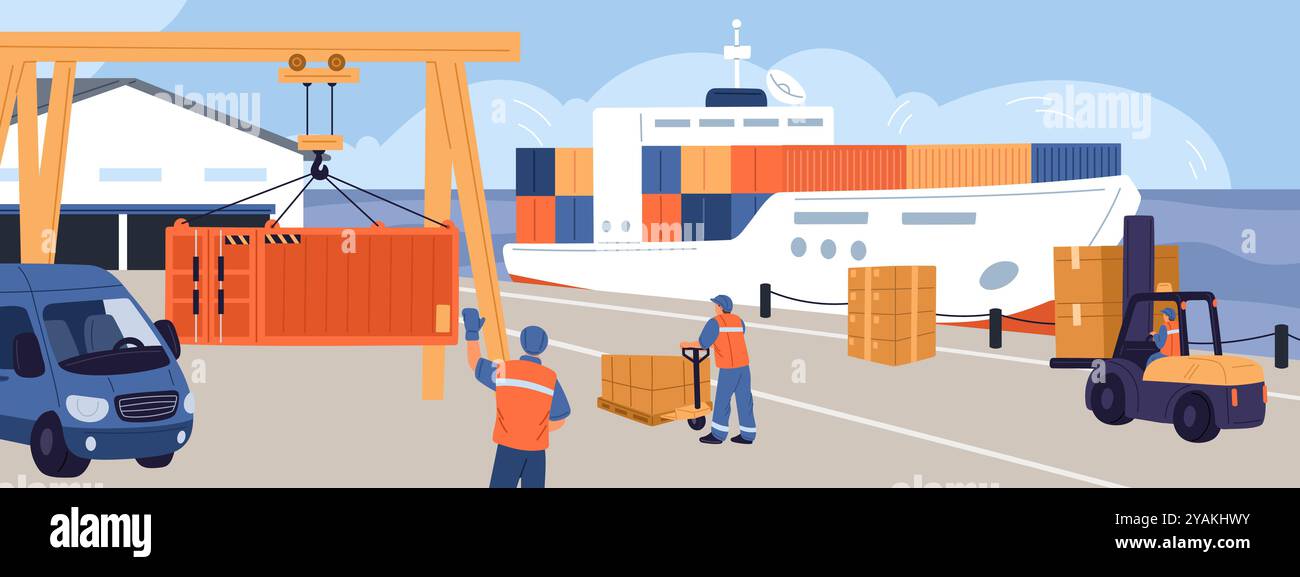 Container loading at seaport. Cargo ships. Loaders in port warehouse. Uniformed workers ...