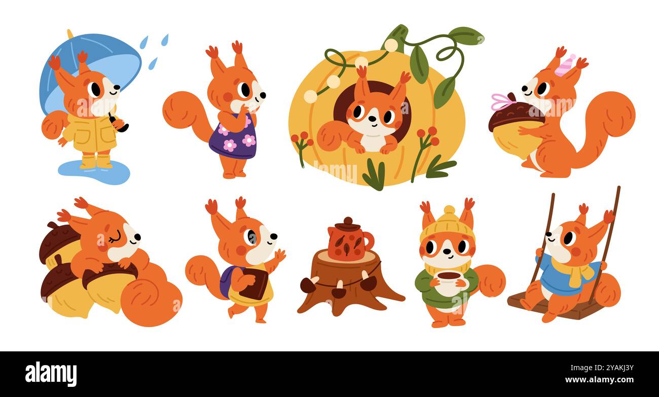 Cartoon squirrels. Cute furry animals. Red forest dwellers climbing ...