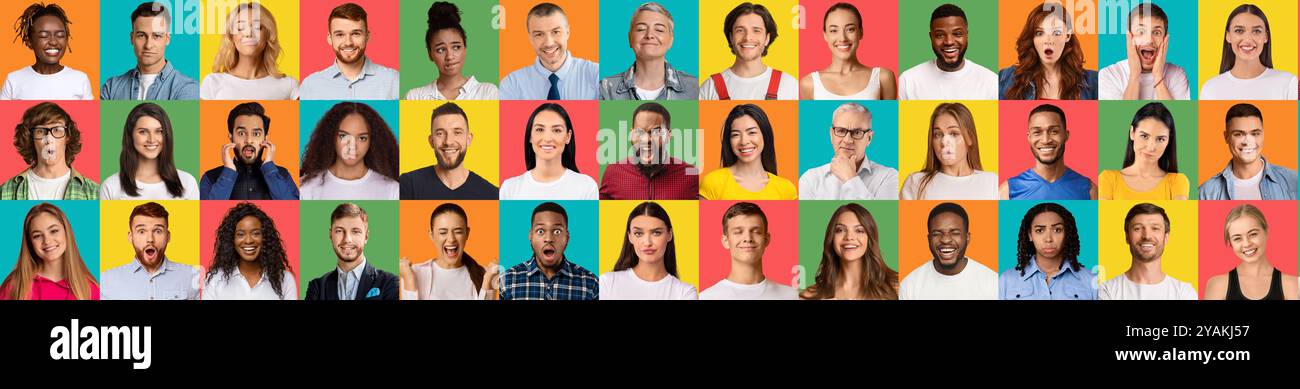 Collage of multiethnic people expressing different emotions, mosaic set, panorama Stock Photo ...
