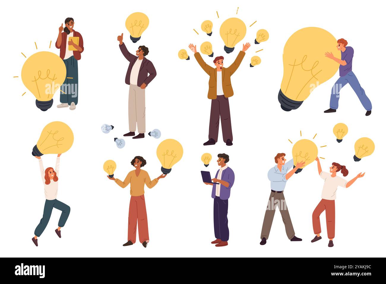 Cartoon people with light idea bulbs. Funny smart characters. Business ...