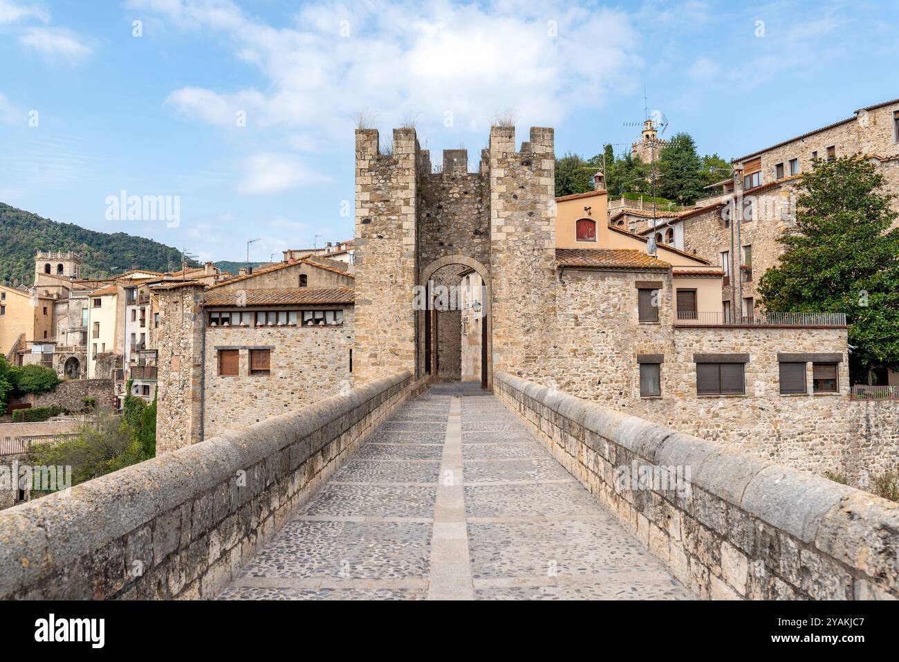 entrance passage to a medieval town with cobbled floor, fences and ...