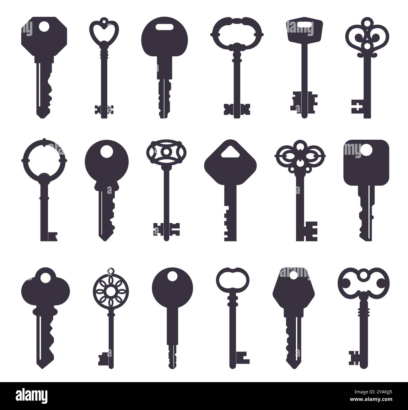 Black keys silhouettes. Old and modern door opening elements. House ...
