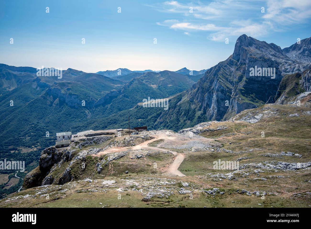 View of a cable car station at the top of the mountain, with hiking ...