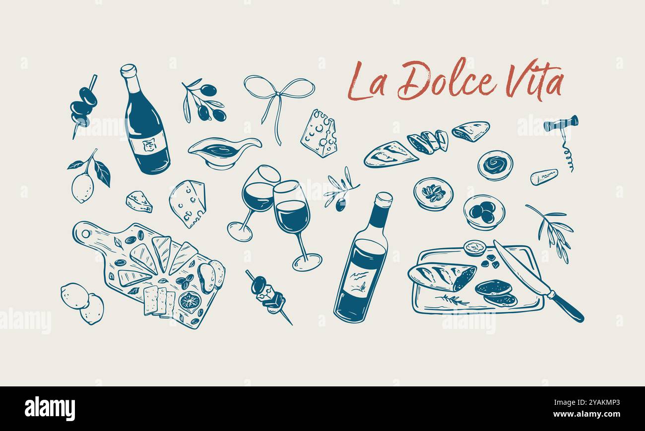 La Dolce Vita picnic set. Hand drawn minimalist art. Girly summer ...