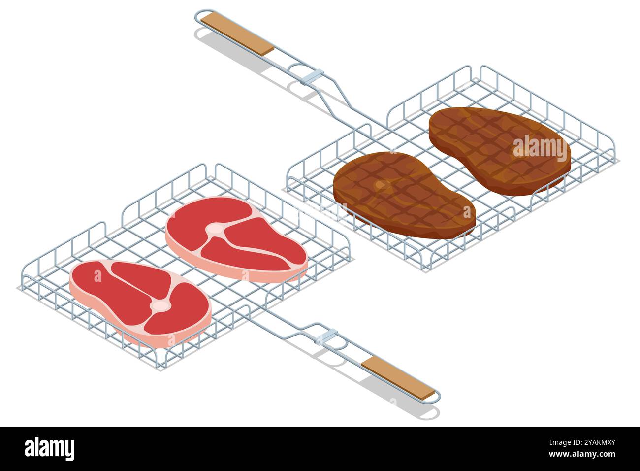 Isometric Grilled meat, sausage on a grill grate. BBQ scene featuring a ...