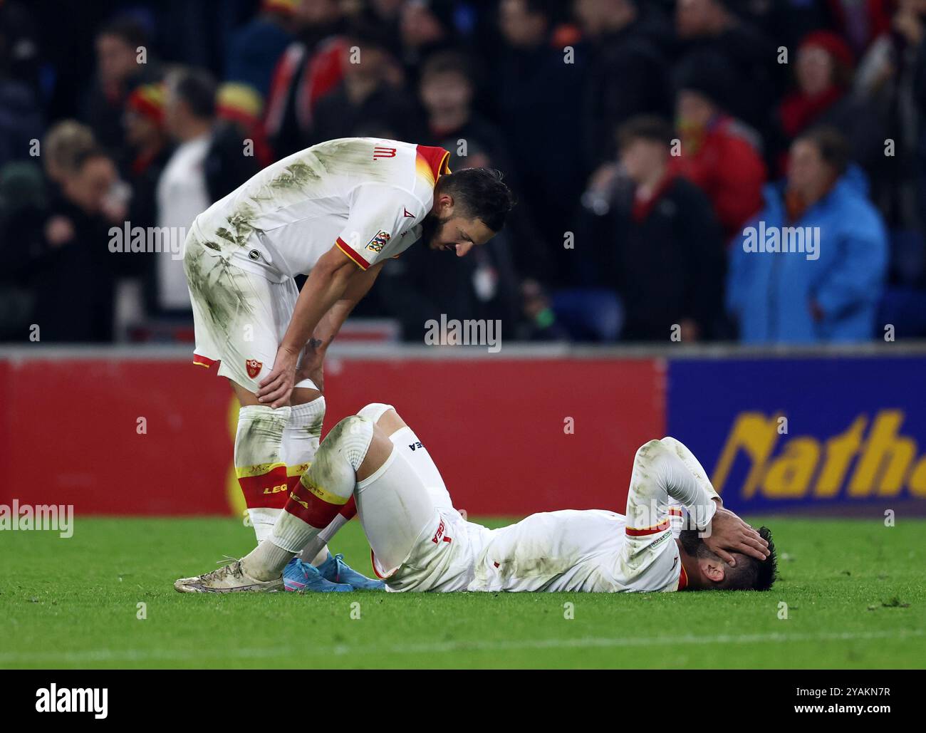Cardiff, UK. 14th Oct, 2024. Marko Vukcevic of Montenegro reacts with Igor Vujacic of Montenegro ...