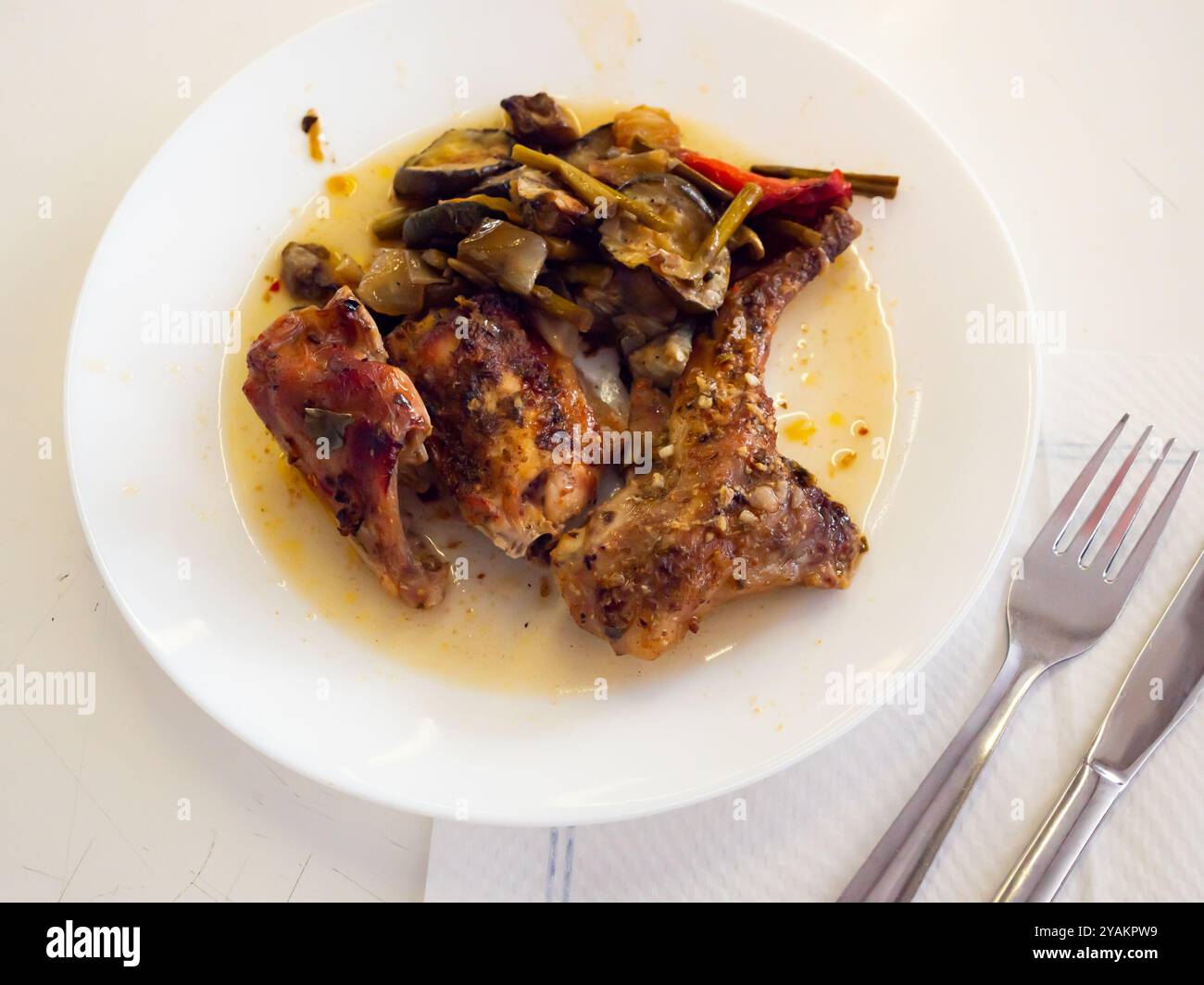 On plate is piece of dietary rabbit meat on bone with braised ...