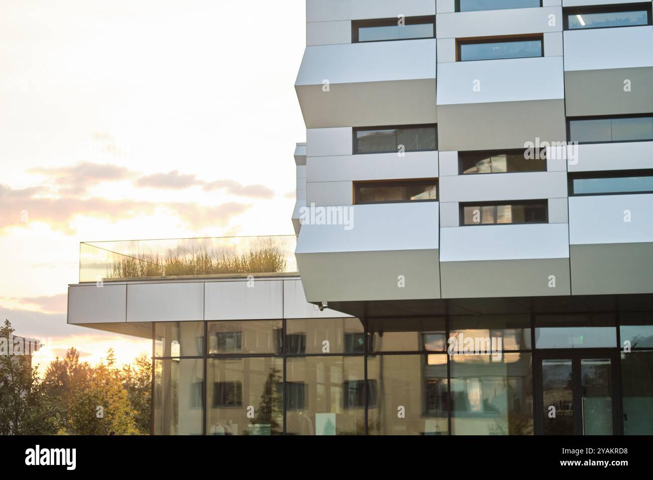 Contemporary building featuring sharp geometric design and large ...