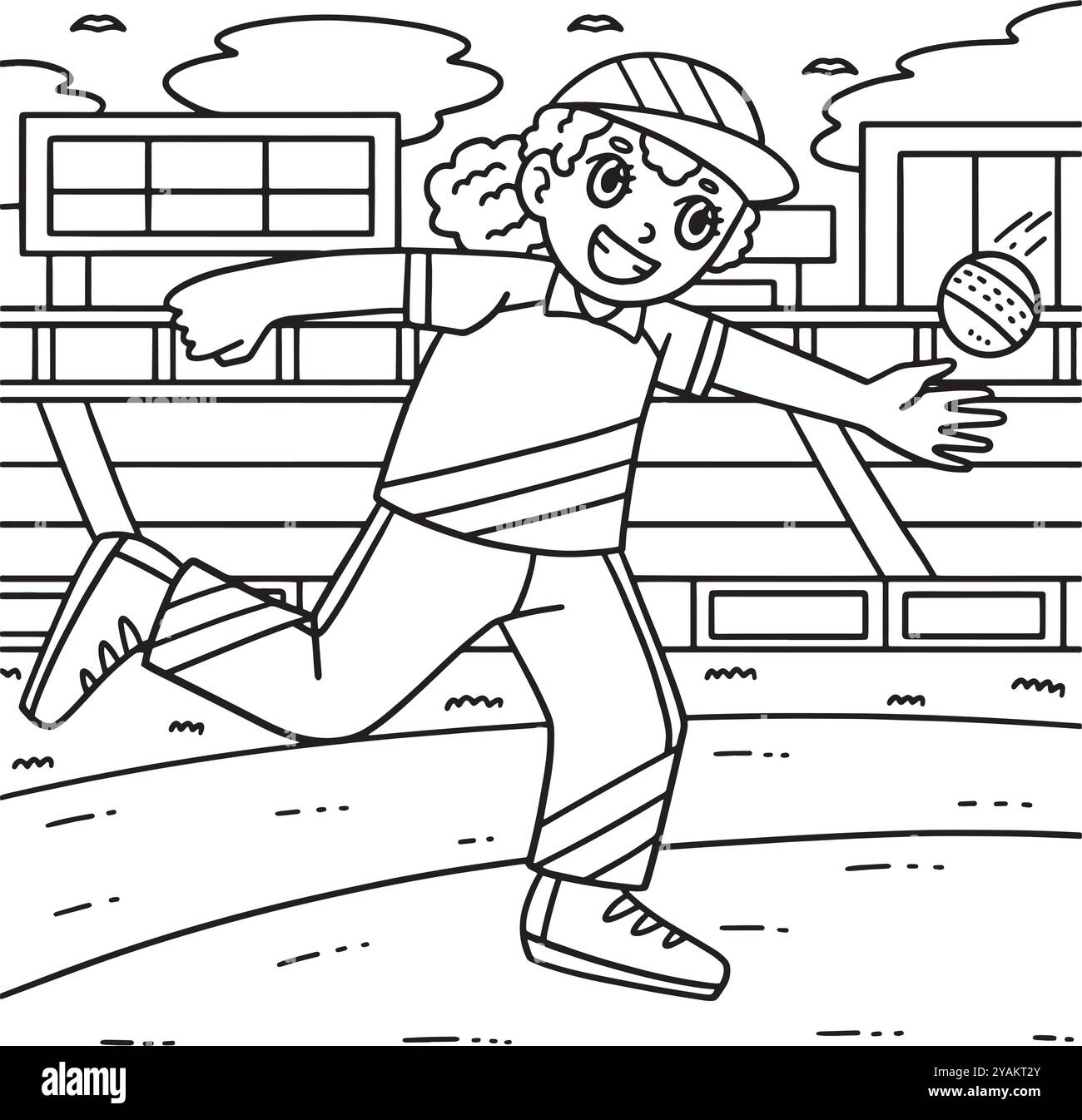 Cricket Female Fielder Catching the Ball Coloring Stock Vector Image ...