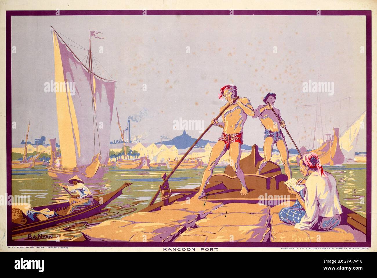 Rangoon Port. Local workers maneuvering trdaing boats in the port of ...