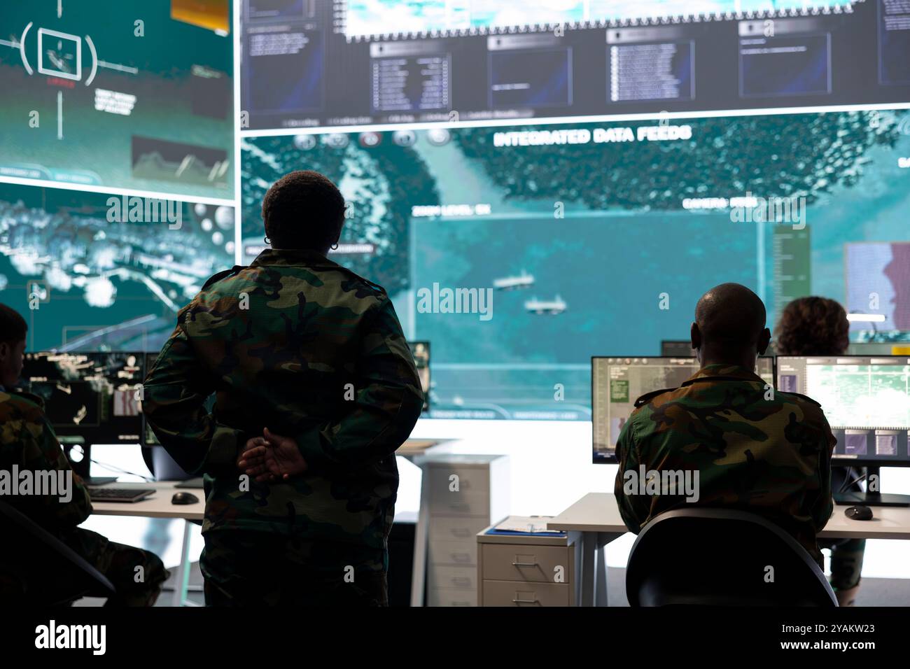 Female trooper supervising intelligence gathering activity in control ...