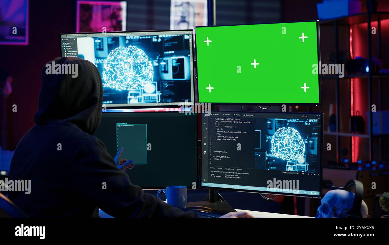 Hacker Using Ai Machine Learning And Isolated Screen Computer To Produce Malware Corrupting Data