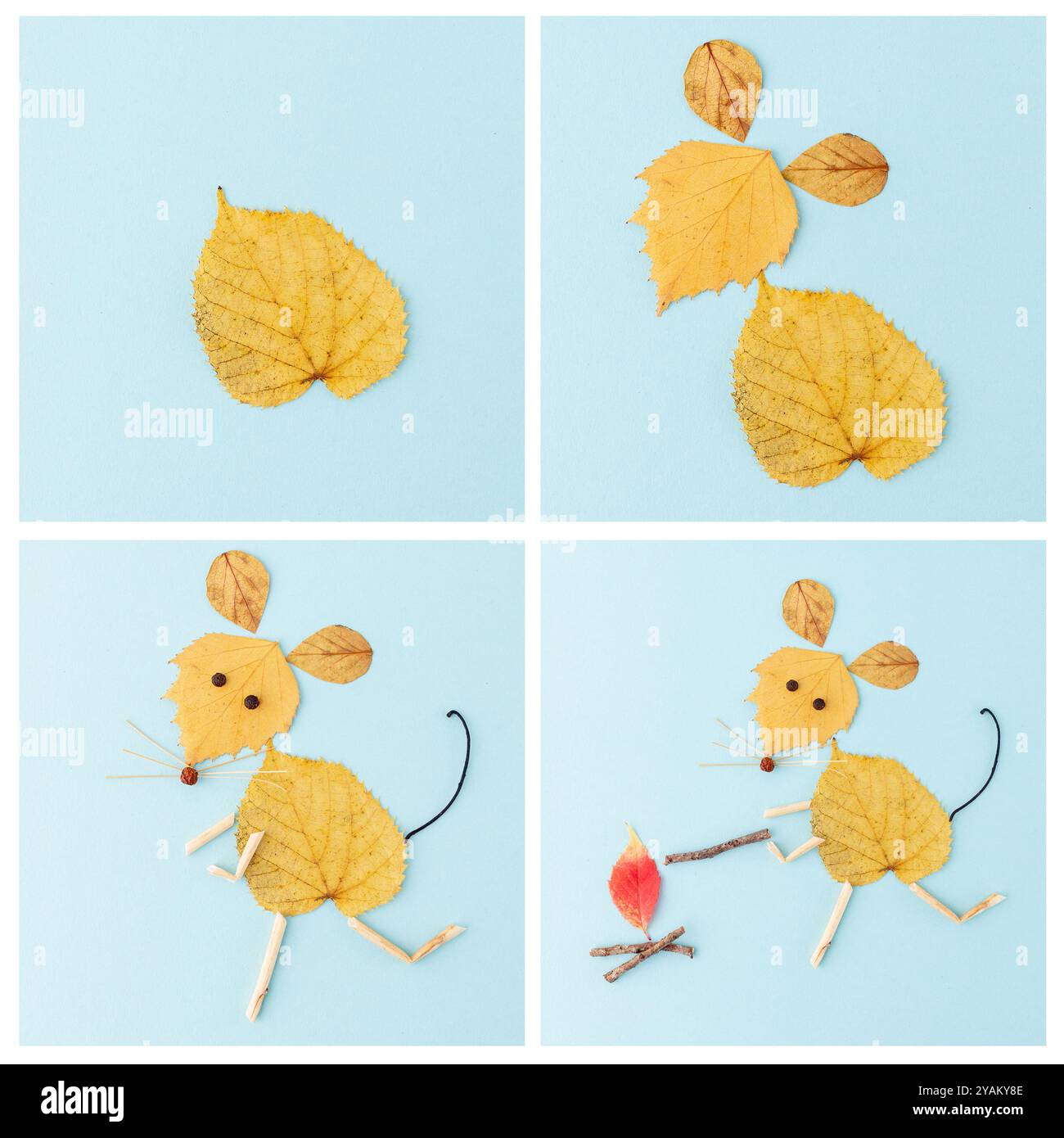 Autumn nature craft for kids, mouse made of dry leaves, top view ...