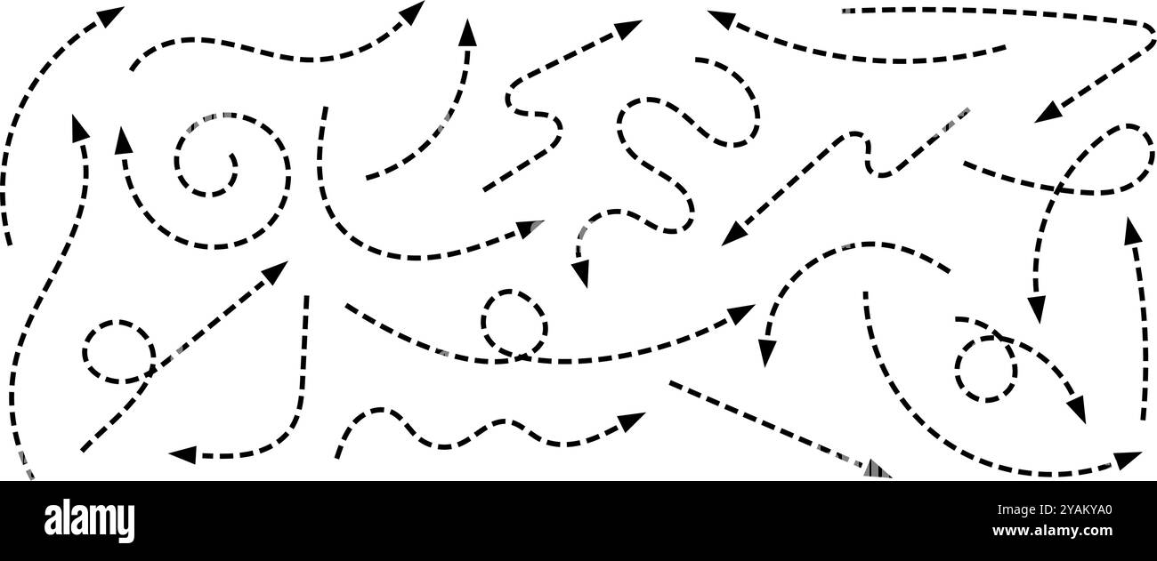 Set of black hand drawn arrows with dotted path lines. Collection of ...