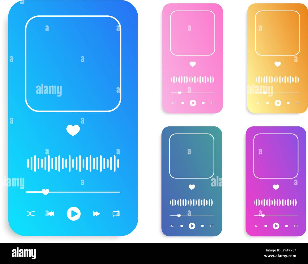 Set of colorful audio player interface templates with album cover frame ...
