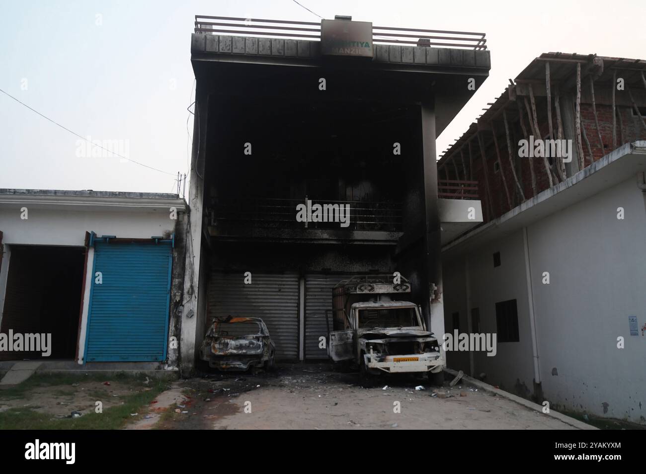 BAHRAICH, INDIA - OCTOBER 14: People set fire to the Bike Showroom ...