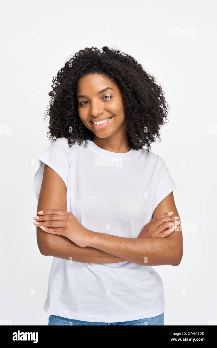 Happy young pretty gen z African American woman isolated on white ...