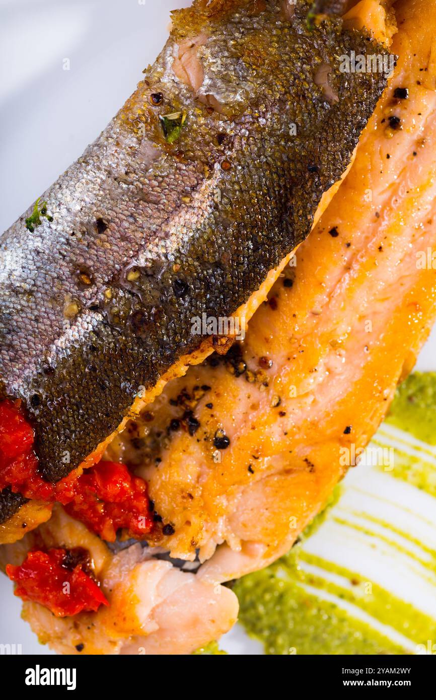 Roasted trout fillet with sauces Stock Photo - Alamy