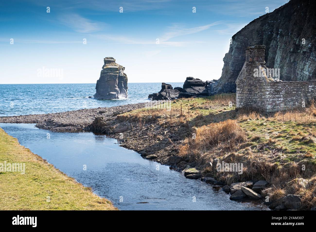 The Burn of Latheronwheel flows into the sea past the ruins of an ...