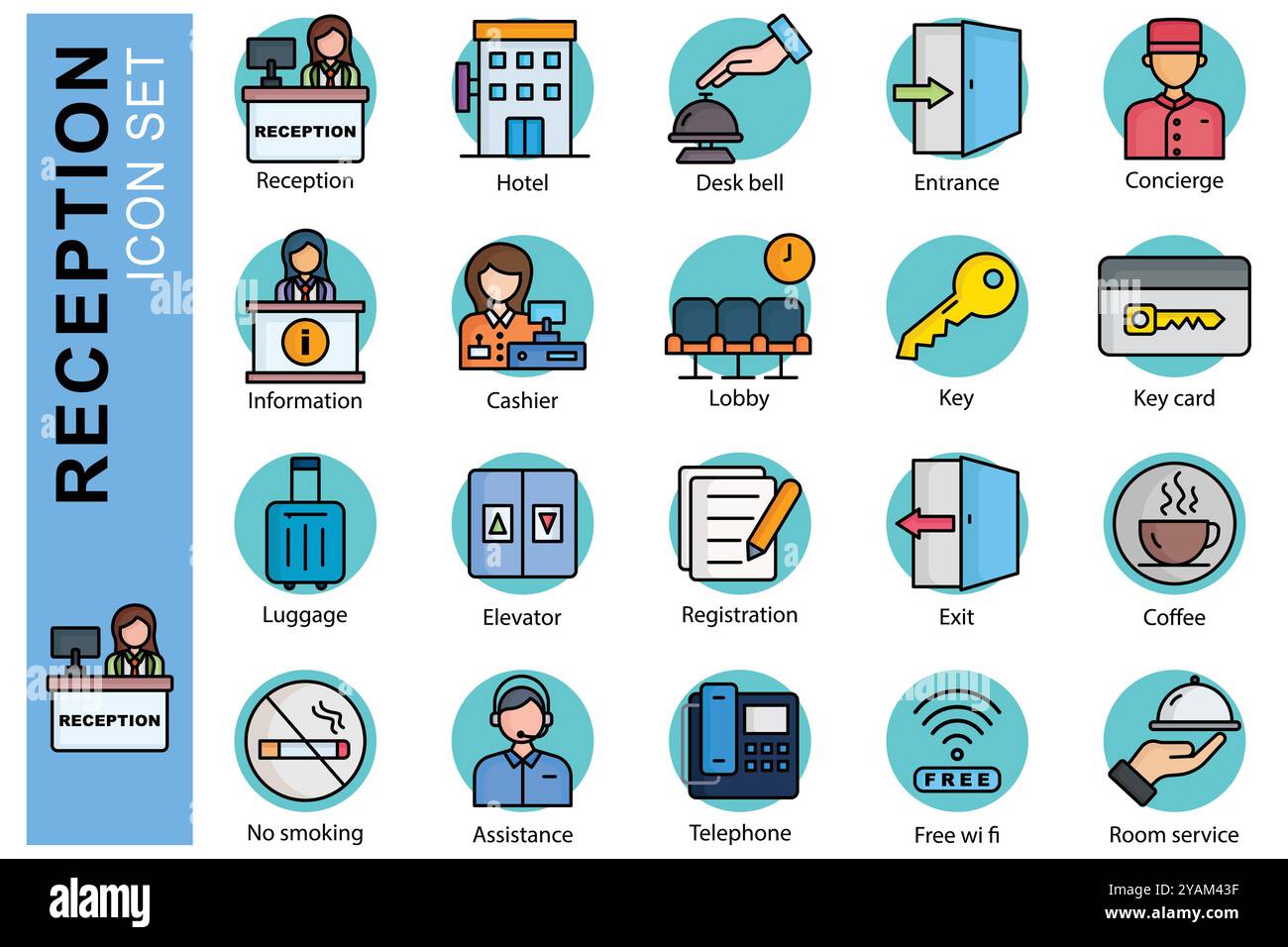 Reception icon set. colored outline icon style. icon related to ...