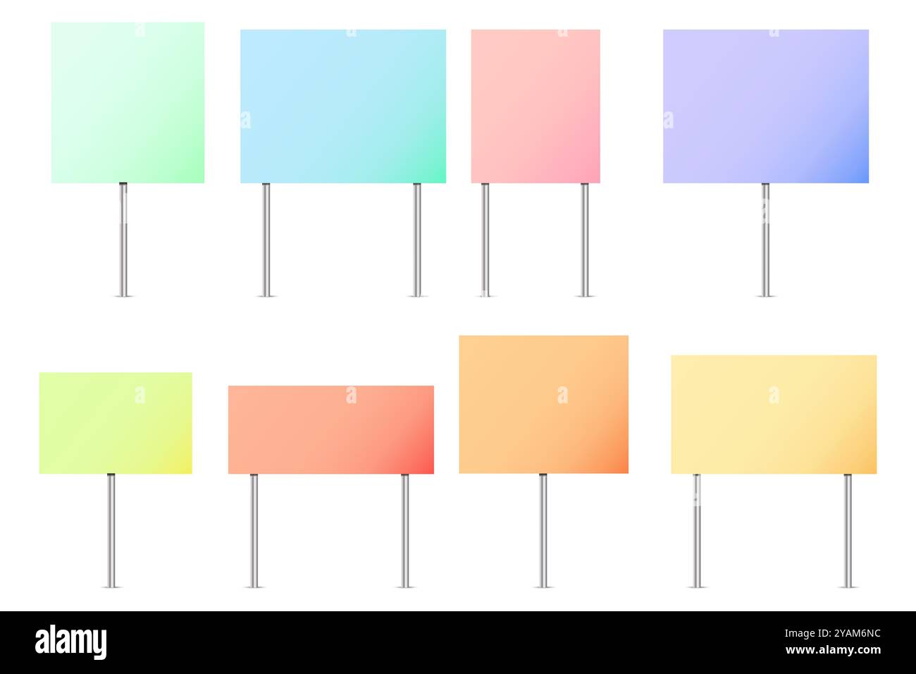 Eight colorful signs on metal poles. Variety of bright colors. Silver ...