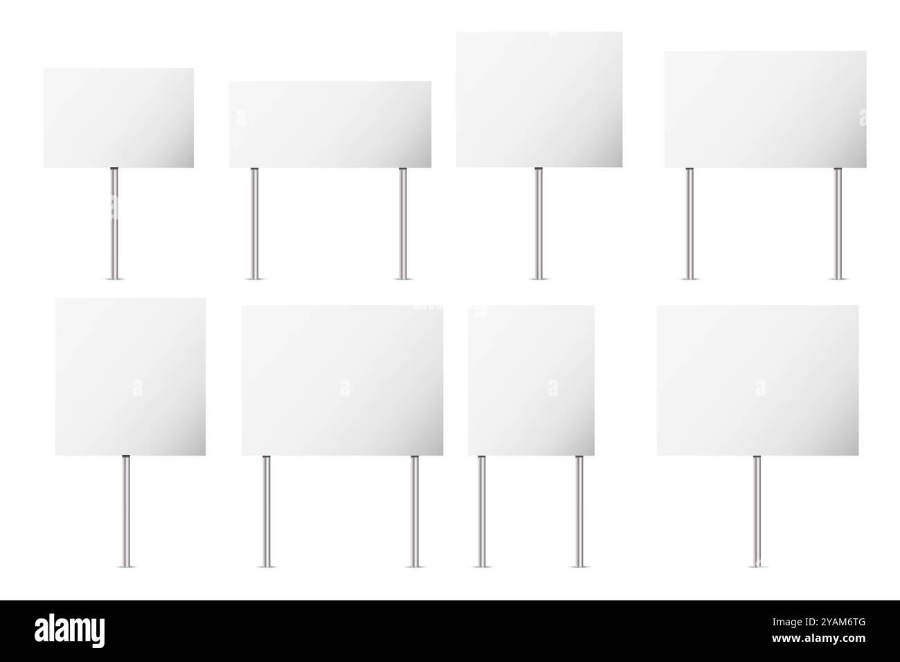 Eight blank white signs on metallic poles. Different rectangular shapes ...