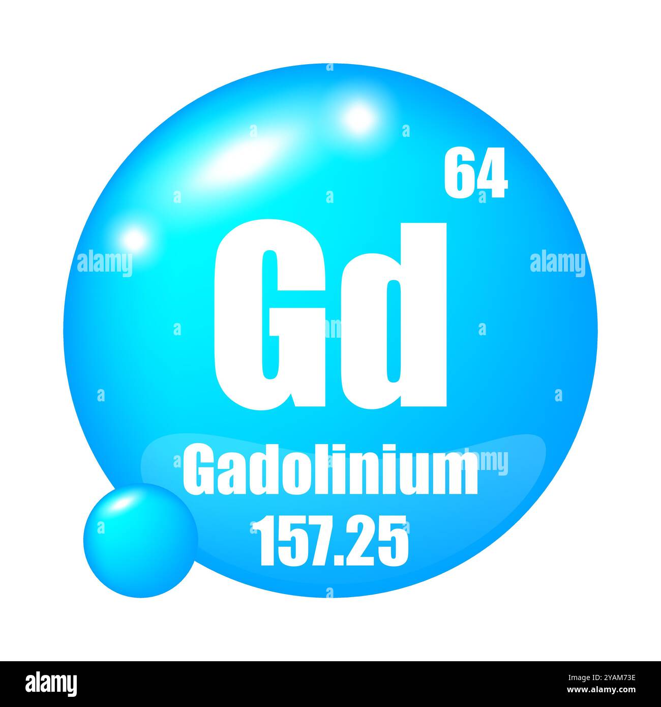 Gd icon. Gadolinium element. Atomic number 64. Mass 157.25. Blue sphere ...