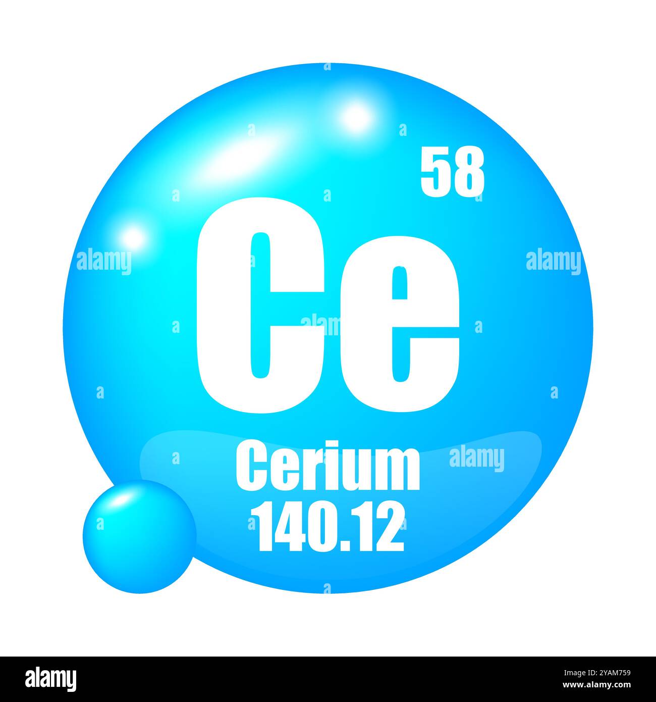 Cerium icon. Ce chemical element. Atomic number 58. Mass 140.12. Blue ...