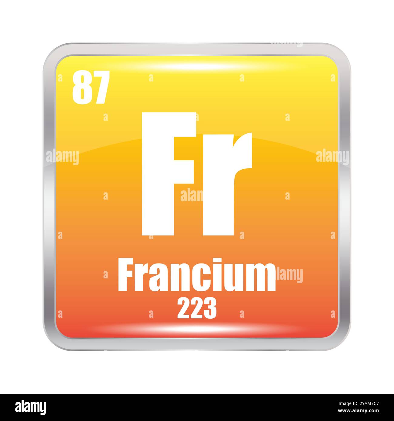 Francium icon. Fr chemical element. Atomic number 87. Mass 223. Orange ...