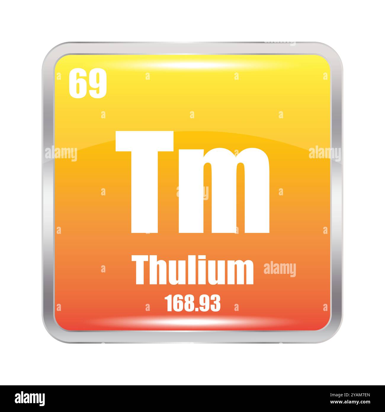 Tm icon. Thulium element. Atomic number 69. Mass 168.93. Orange square ...